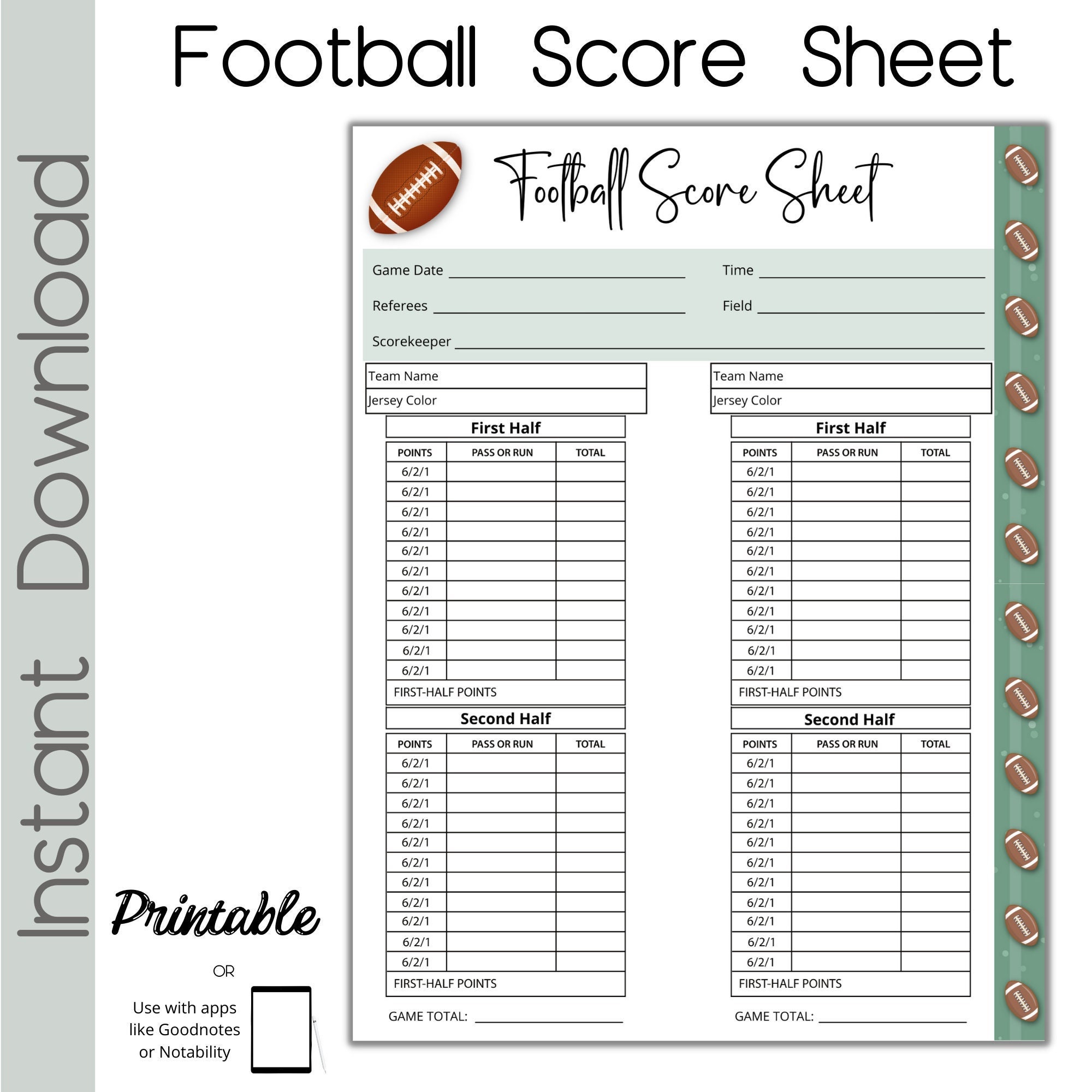 Football Score Card, Football Scoresheet - Etsy