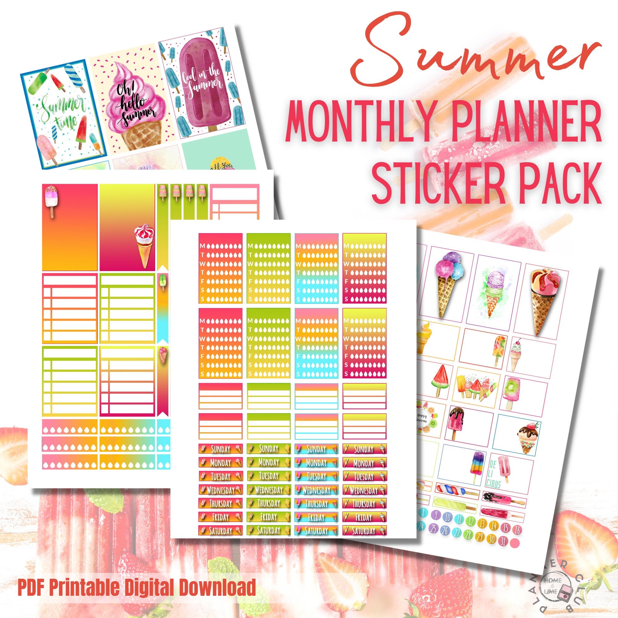 Printable Summer Monthly Planner Stickers, Fits Happy Planner, Includes ...