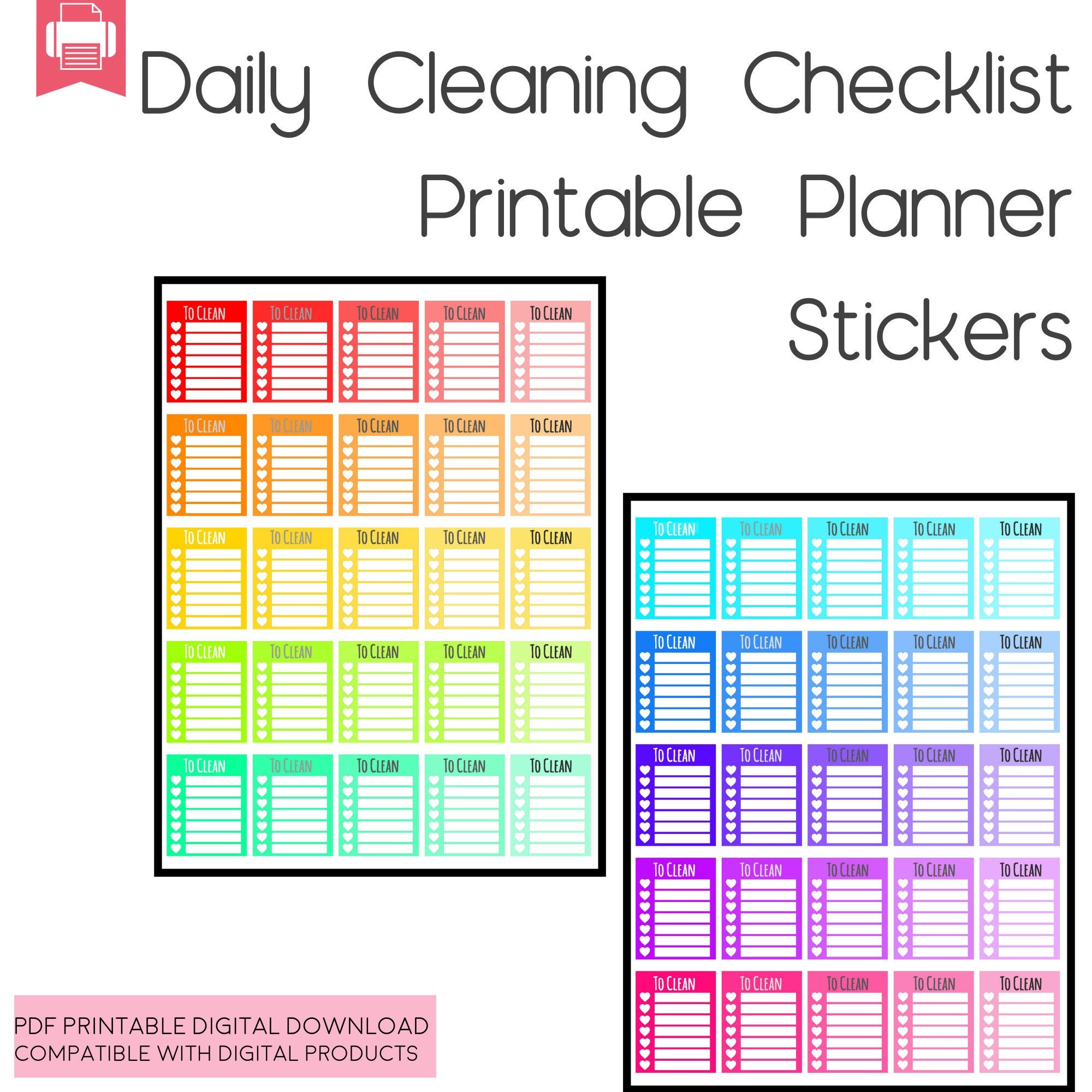 Printable Daily Cleaning Checklist Sticker, Cleaning Stickers, Full Box ...
