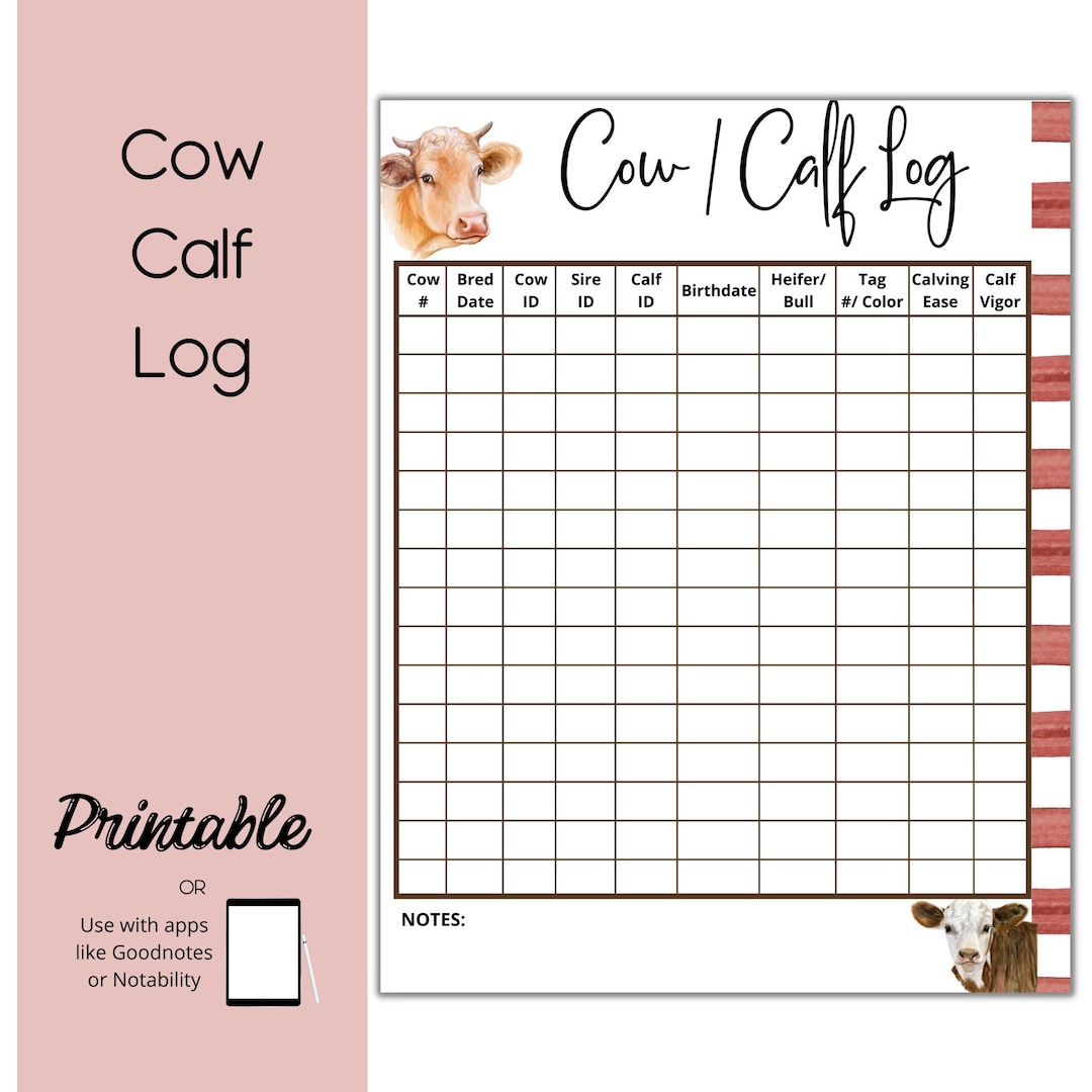 Beef Calving Logbook, Cow Calf Log, Cow Calf Record Book, Cattle Record ...