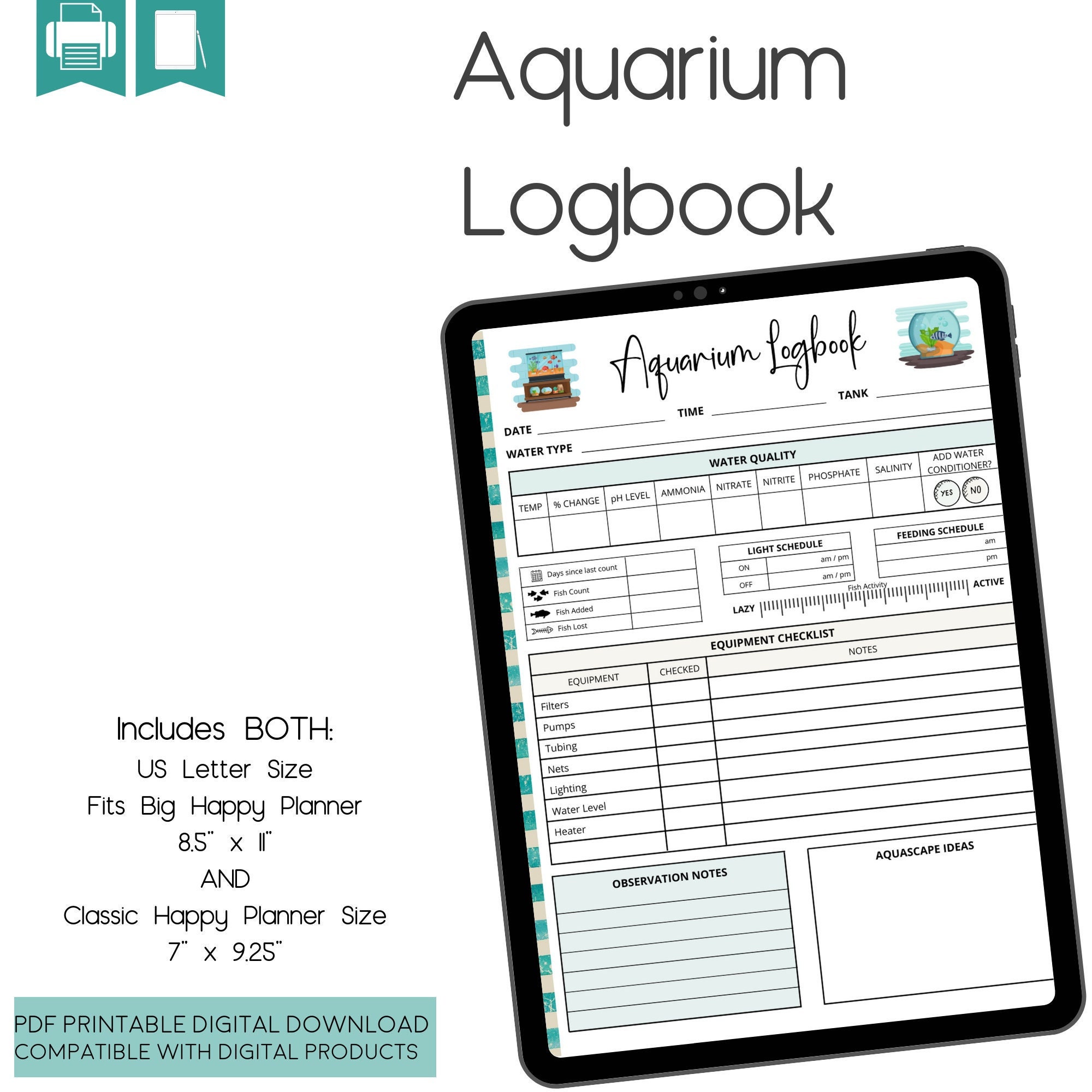 Aquarium Logbook, Fish Tank Logbook, Aquarium Maintenance Log, Aquarium ...