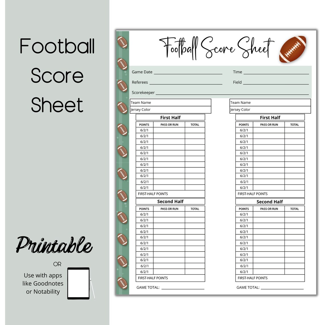 Football Score Card, Football Scoresheet - Etsy