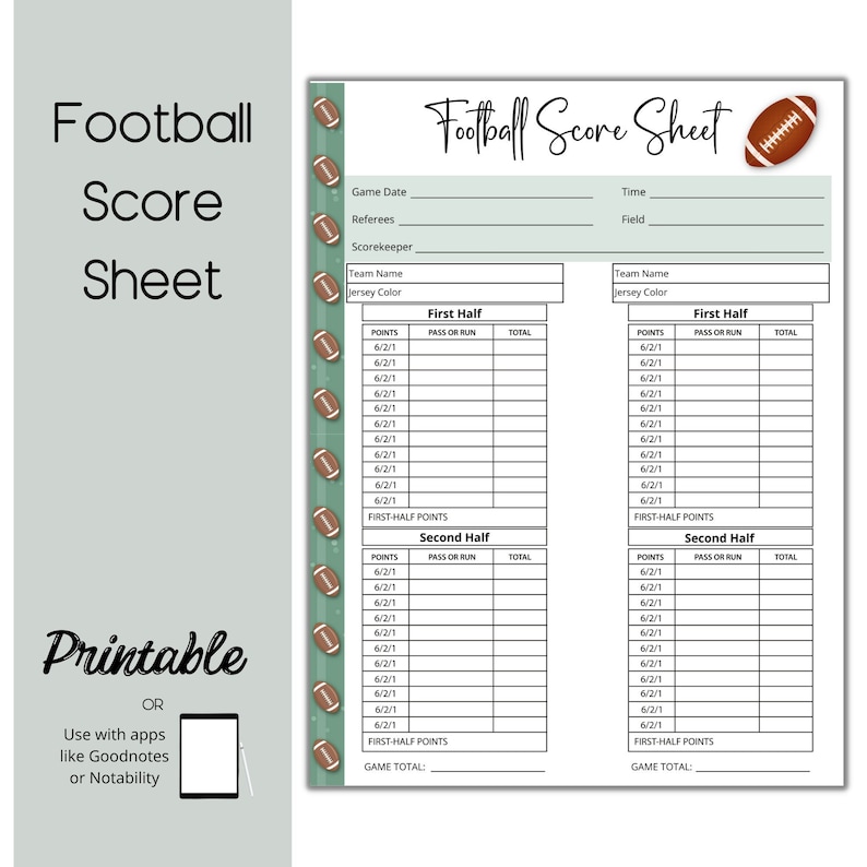 Football Score Card, Football Scoresheet - Etsy