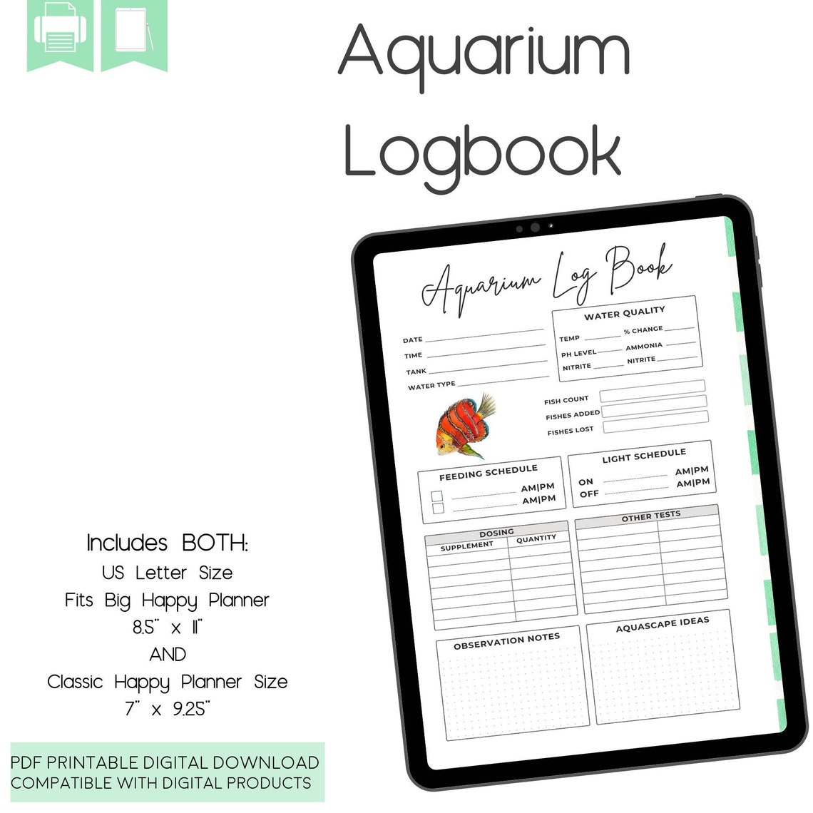 Aquarium Logbook Fish Tank Logbook Aquarium Maintenance Log | Etsy