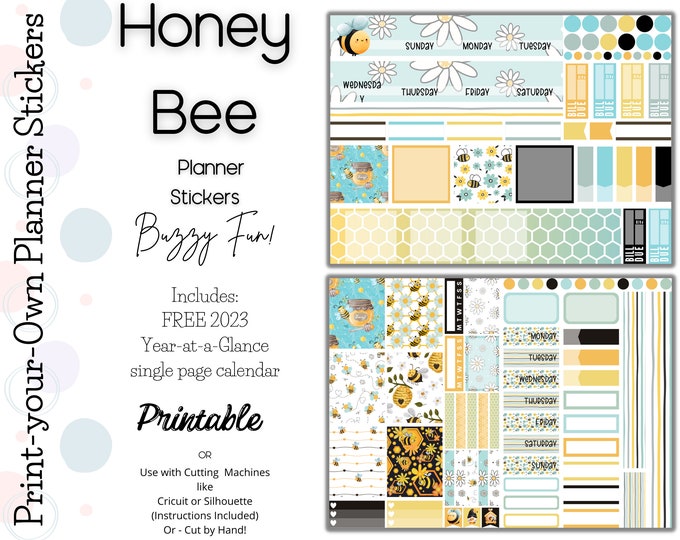Printable and Digital Honeybee Planner Stickers - Bee-themed Planner ...