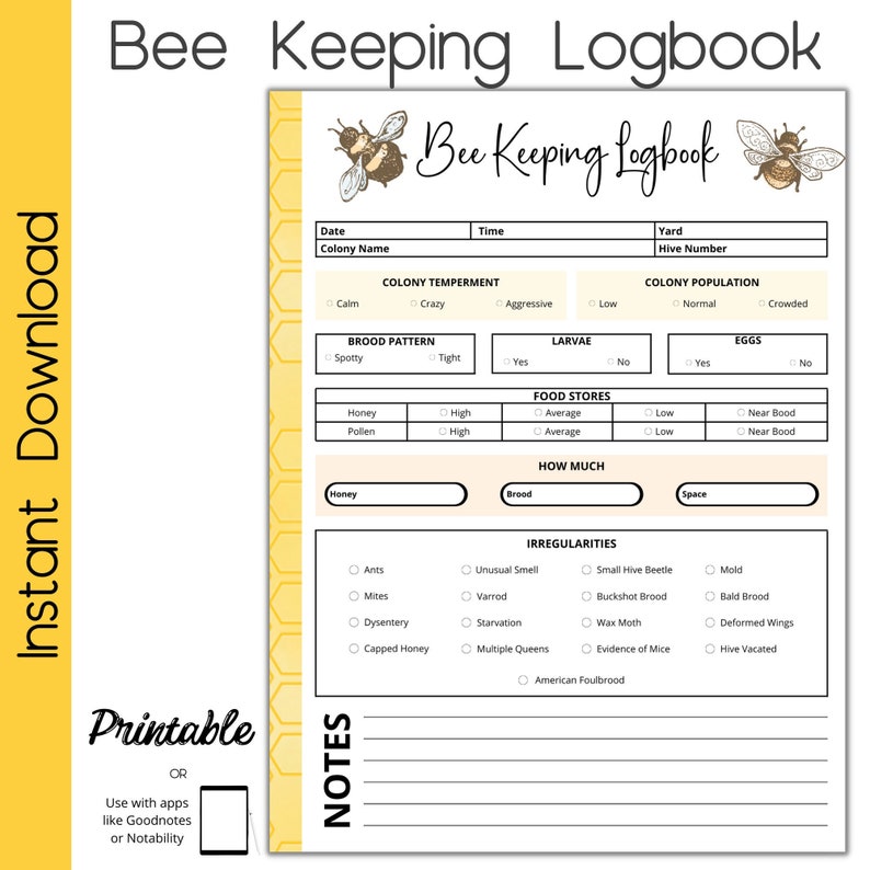Bee Keeping Logbook, Template, Beekeeping Inspection Checklist - Etsy