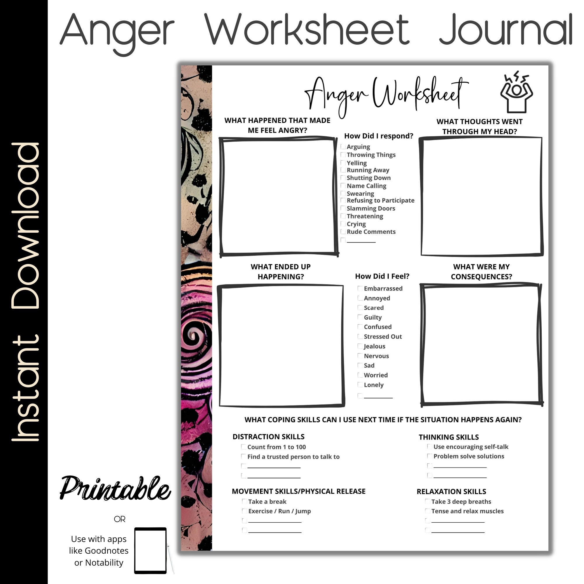 Anger Management and Coping Skills Worksheet | Printable PDF - Etsy