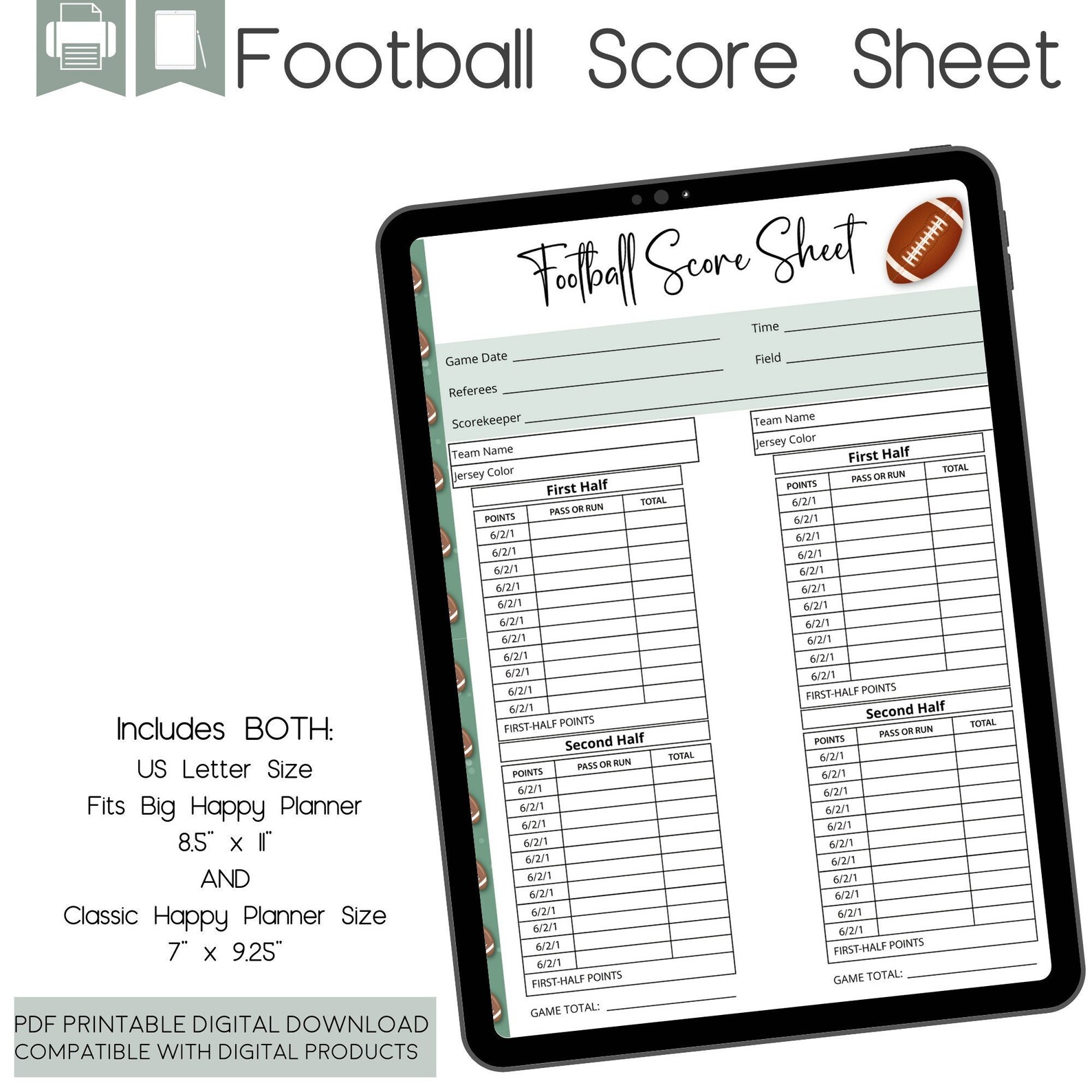 Football Score Card, Football Scoresheet - Etsy