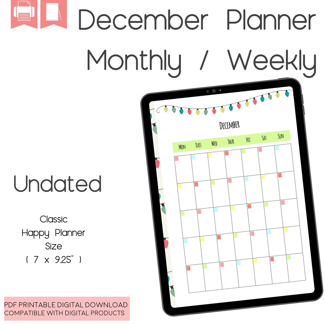 Printable Calendar, December Undated Calendar, December Planner ...