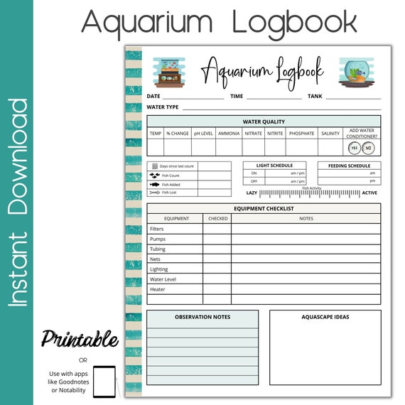 Aquarium Logbook Fish Tank Logbook Aquarium Maintenance Log - Etsy