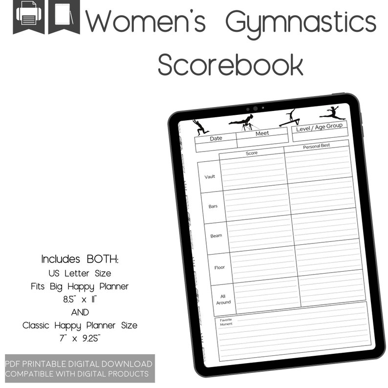 Women's Gymnastics Scorebook, Printable Scorebook, Gymnastics Printable ...