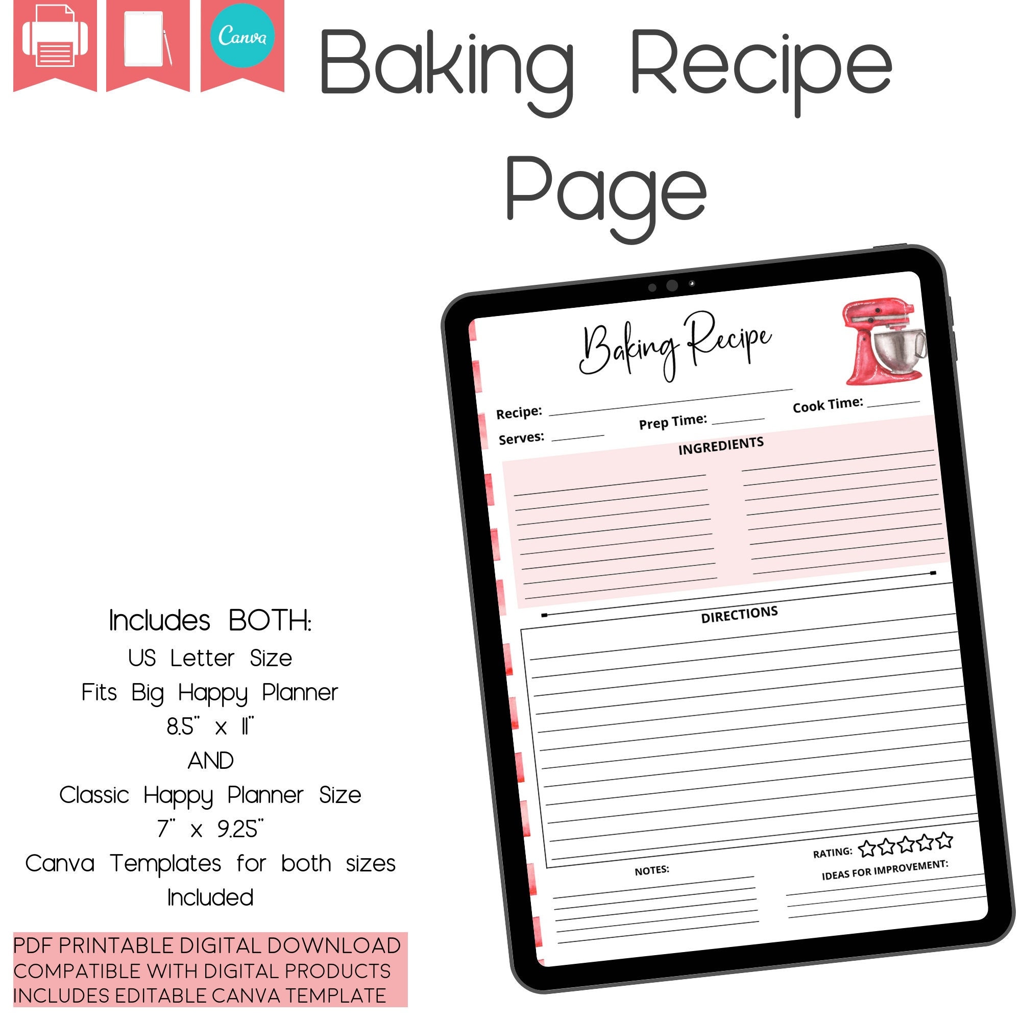 Baking Recipe Template, Printable Recipe Book, Editable Recipe Binder ...