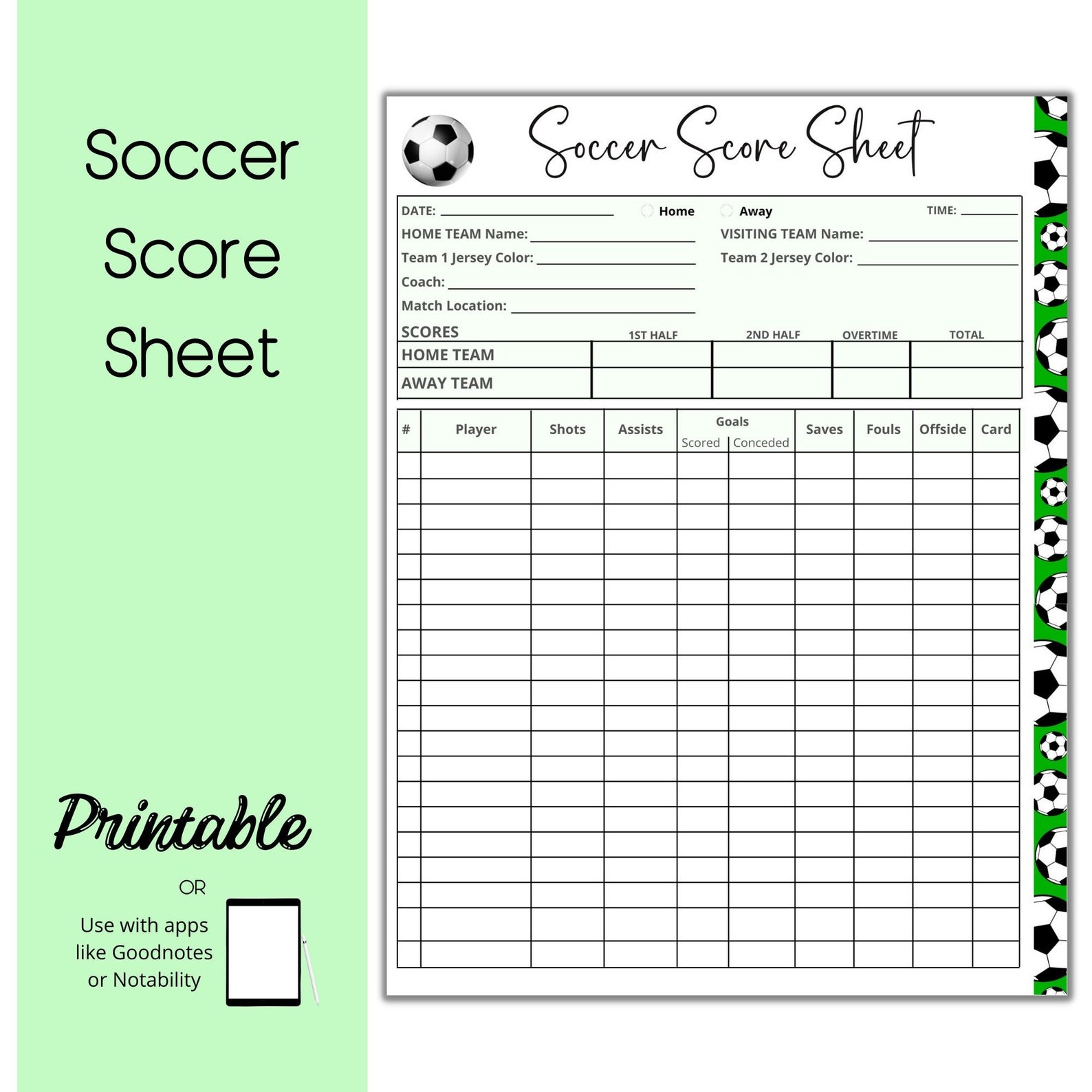 Soccer Score Card, Soccer Scoresheet - Etsy
