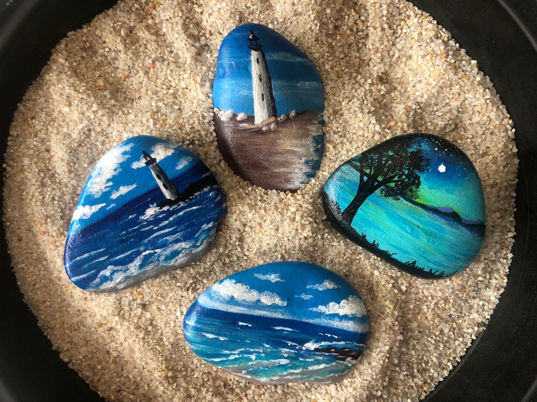 Nature Themed Painted Rocks, Seascape Painted Rocks, Hand Painted Rocks ...