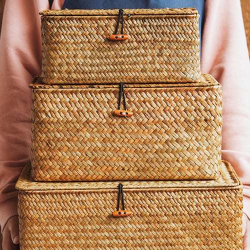 Multicolor Straw Woven Basket With Lid Square Storage Box - Etsy