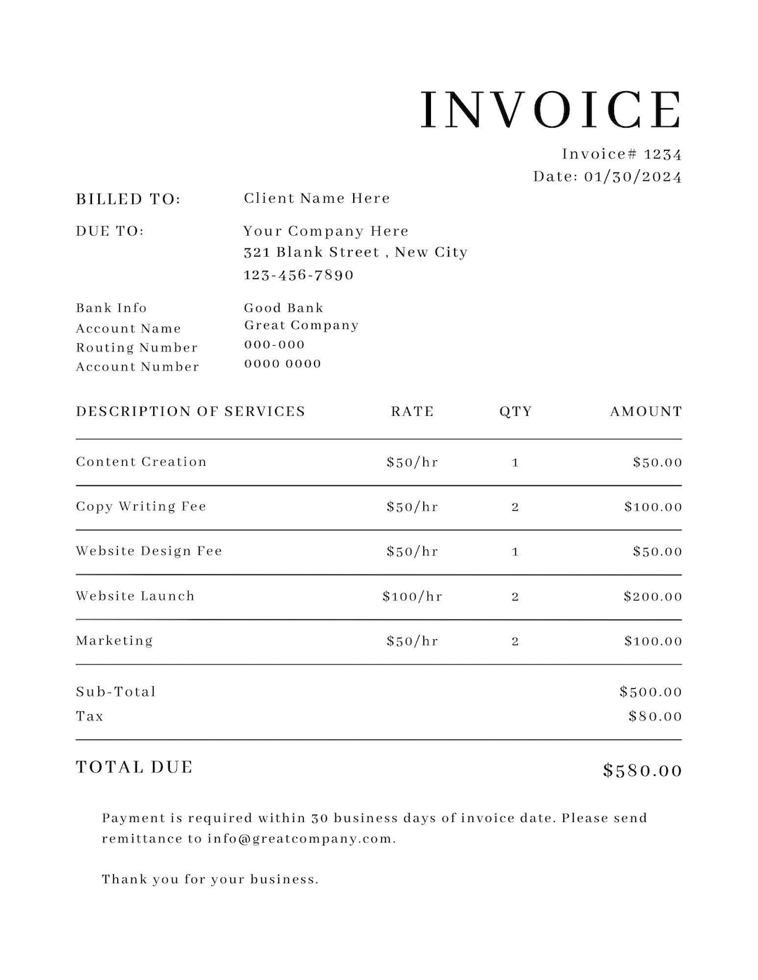 Invoice Template Digital Invoice Downloadable Invoice - Etsy