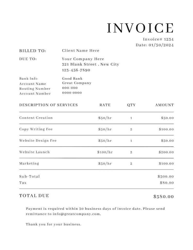 Invoice Template, Digital Invoice, Downloadable Invoice, Minimalist ...