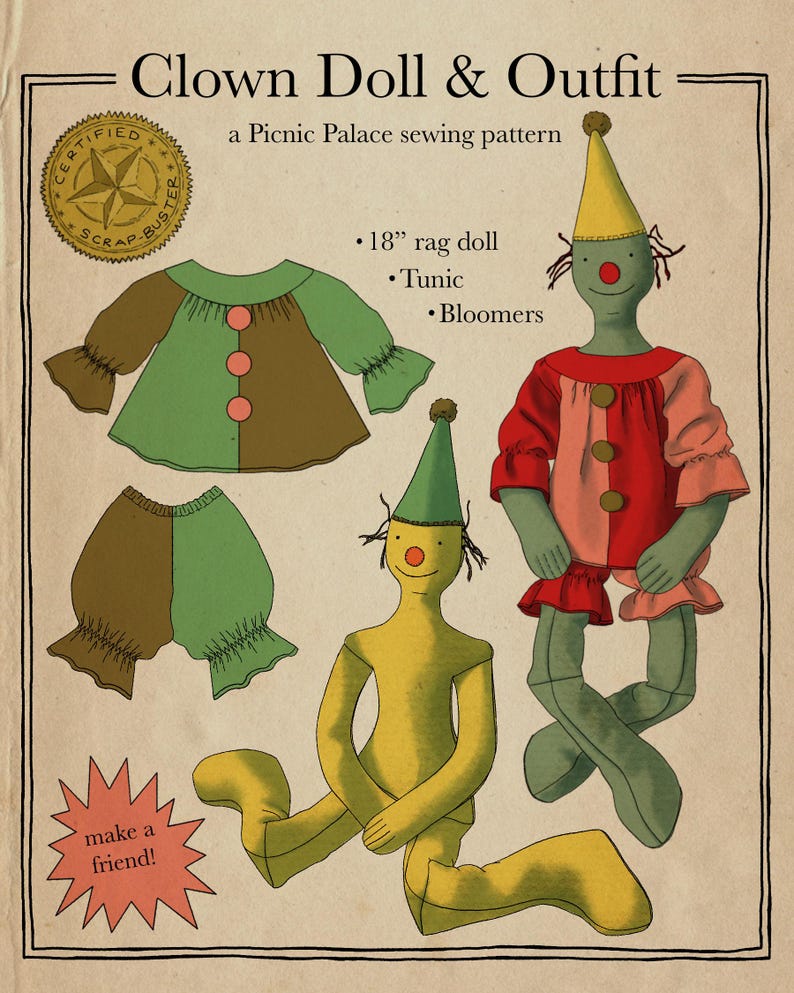 Picnic Palace's Clown Rag Doll & Outfit Sewing Pattern Combo Pack - Etsy