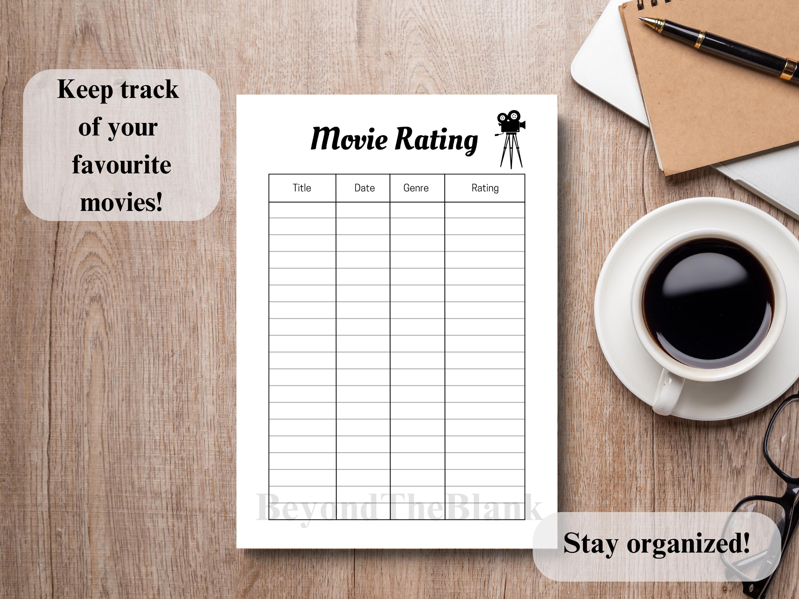 Movie Rating Printable PDF Track & Review Films Movie Fan Journal ...