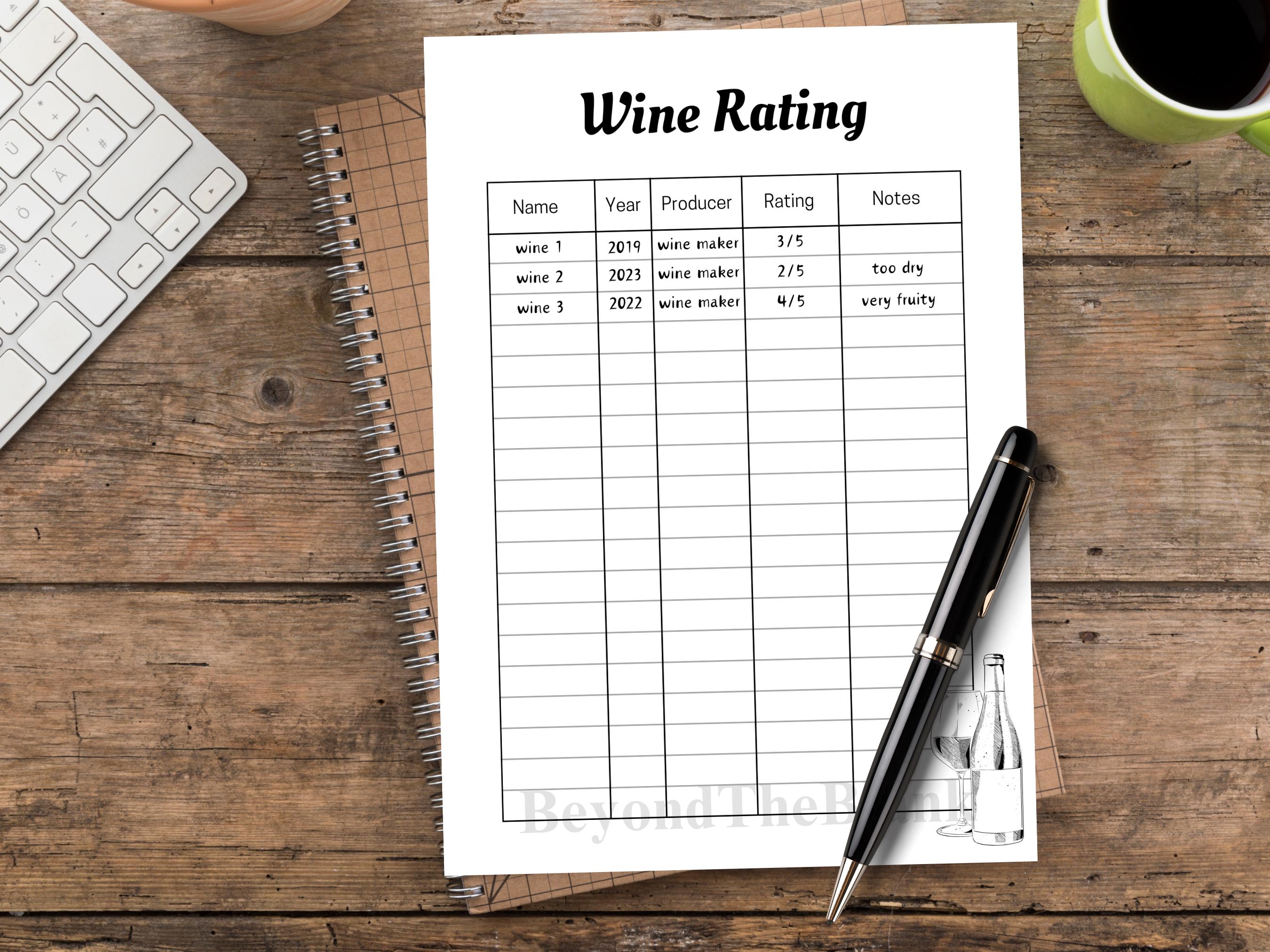 Wine Rating Printable Sheet Wine Tasting Journal Wine Lovers Tracker ...
