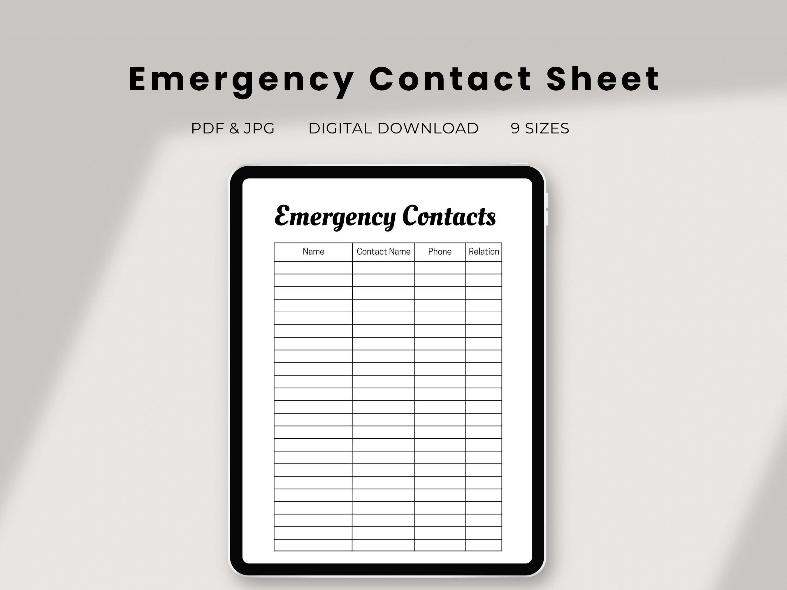 Emergency Contact List PDF | Organize Emergency Info for Individuals ...