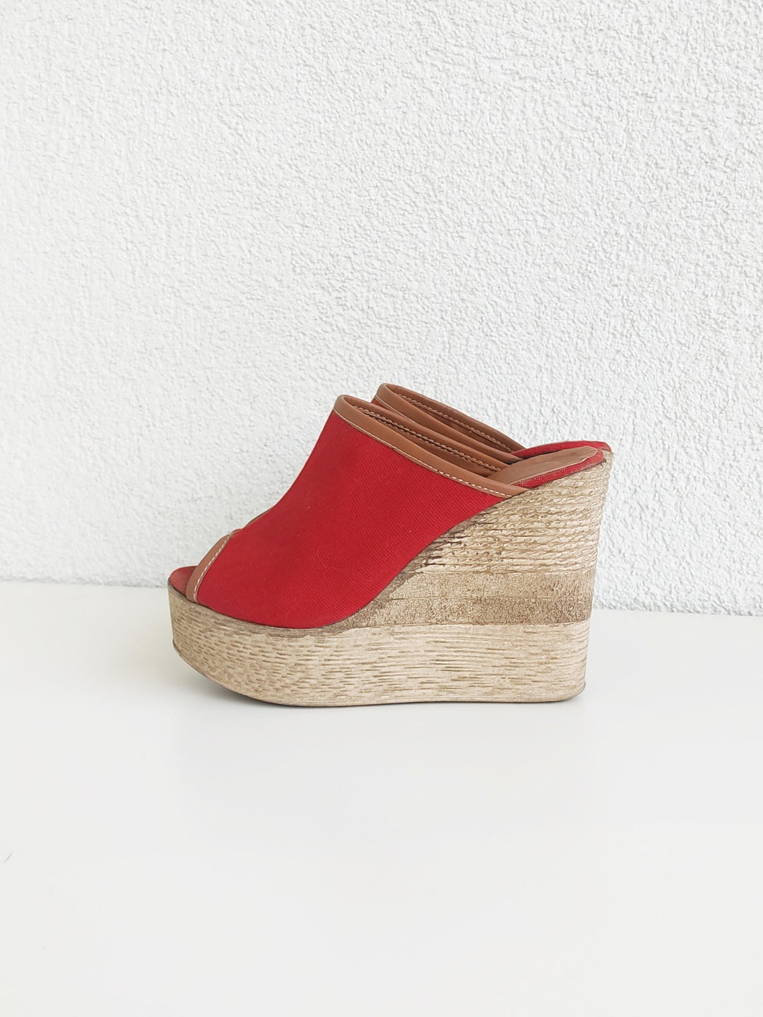 Vintage Red Platform Wedges, 70s Boho High Heel Mules, Open Toe Mod ...