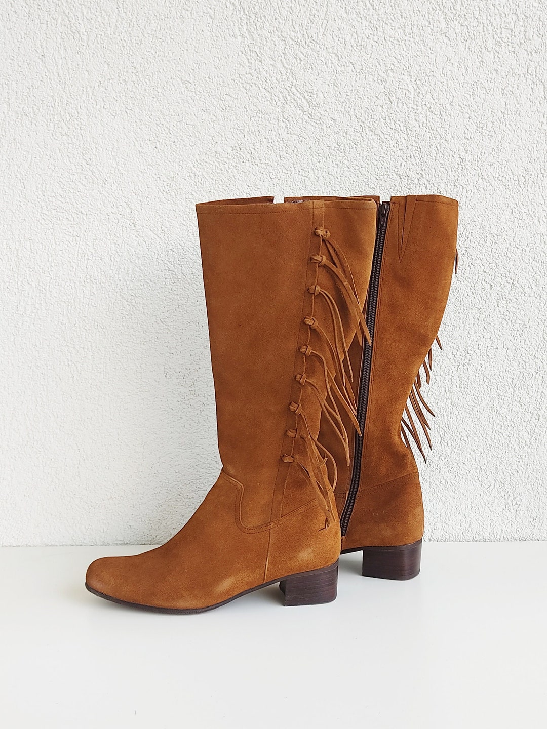 Rare Vintage Brown Suede Fringe Boots, Knee High 70s Boho Style Boots ...