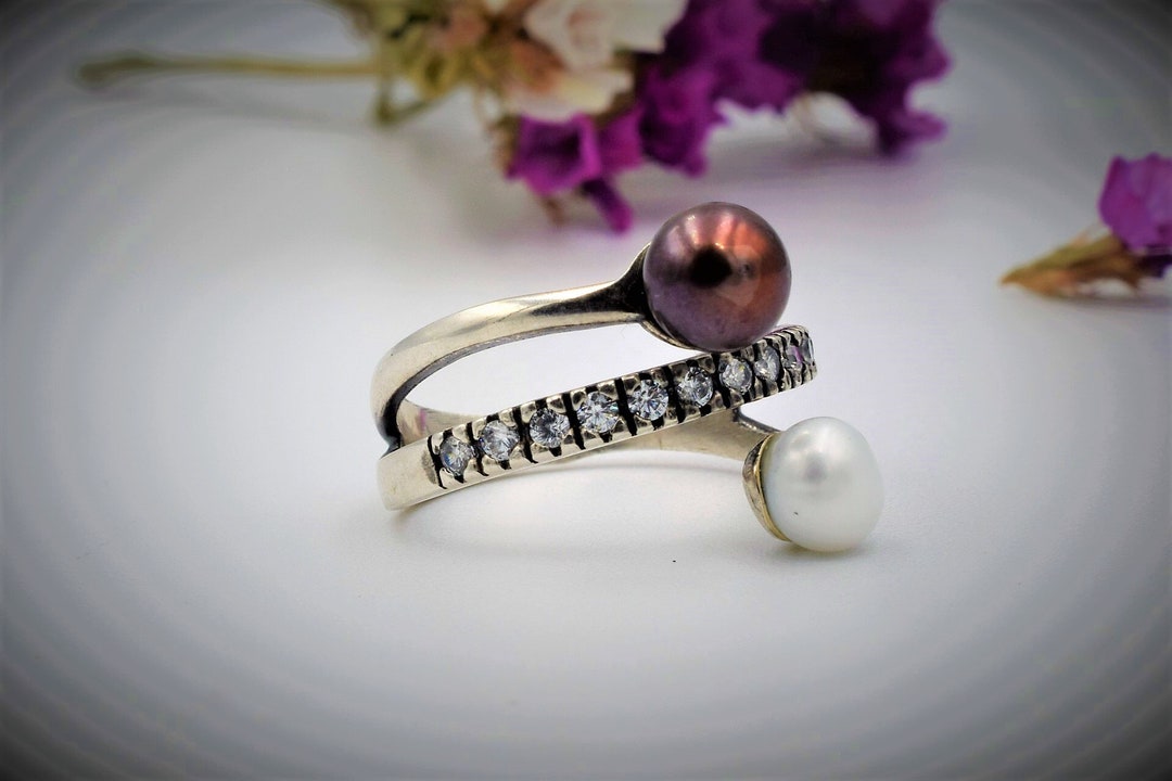 Ukraine Europe STERLING SILVER 925 Pearls Ring Size 7 Cubic Zirconia ...