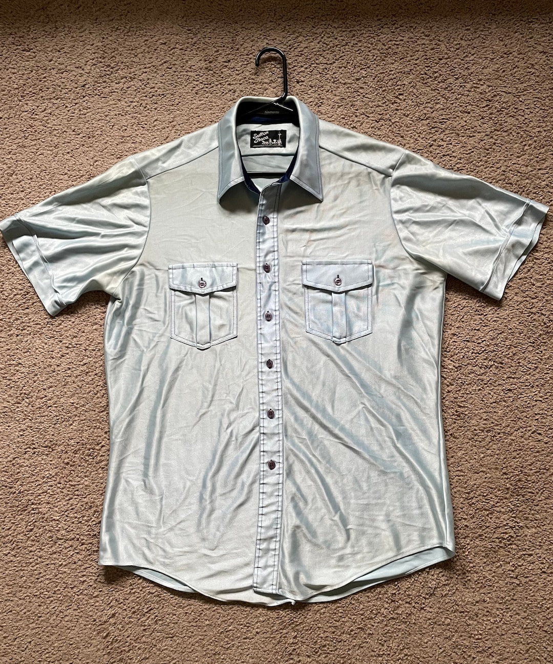 Sutton Place Vintage Button up Shirt - LARGE, Nylon, Blue, Baby Blue ...