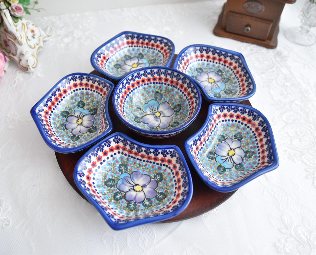 Lazy Susan Polish Pottery Dipping Sauce Bowls Set on Turntable With ...