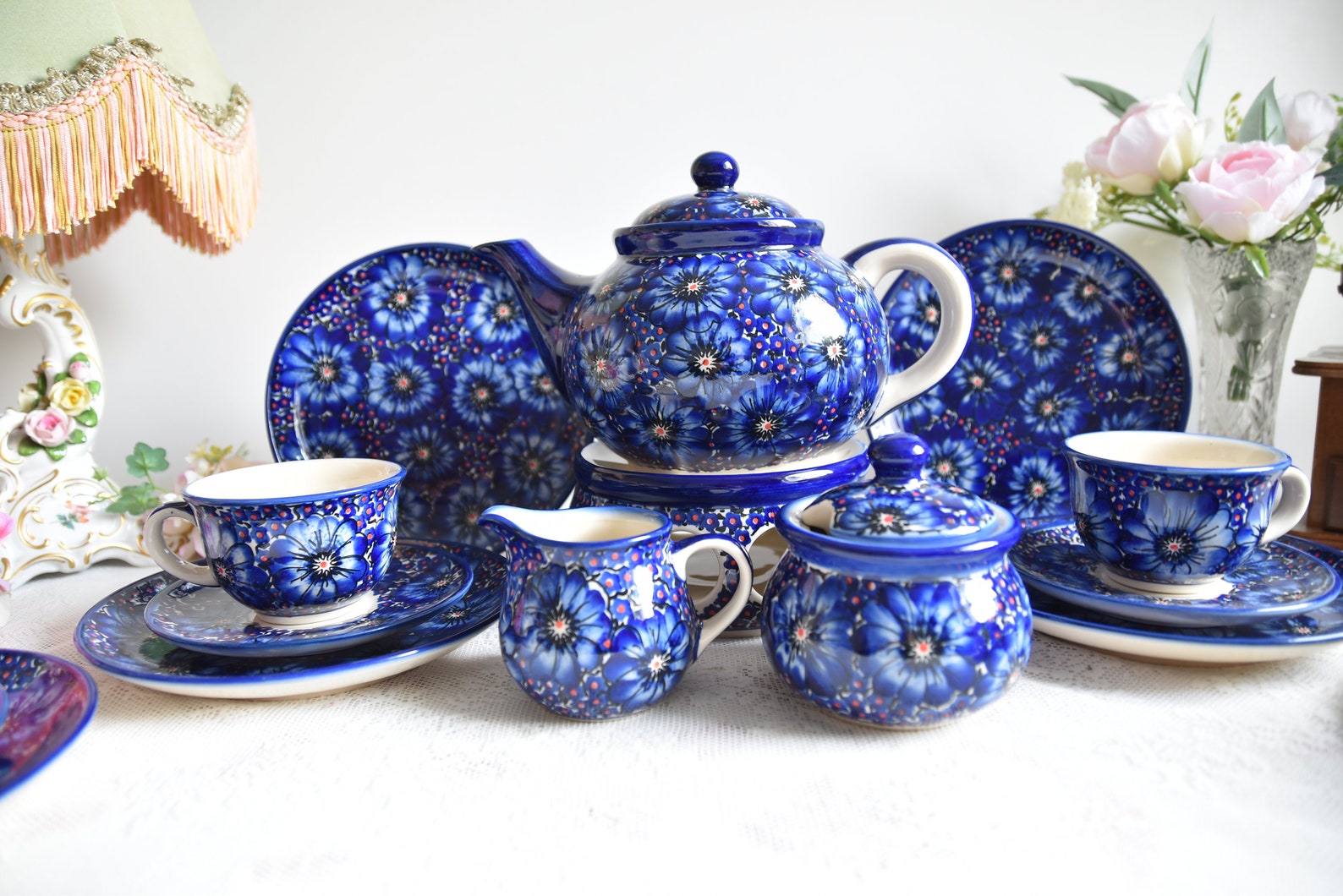 Handpainted Ceramic Tea Set With Floral Decoration, Polish Boleslawiec ...