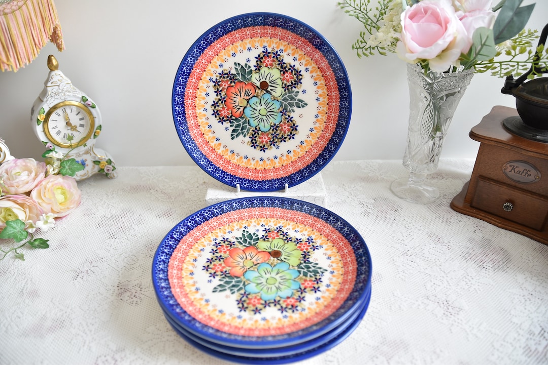 Boleslawiec Pottery Hand Painted Flower Plates Set Polish Folk Art ...