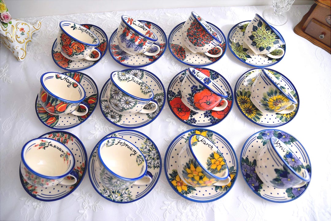 Monthly Blossoms Set of 12 Polish Pottery Cups, Hand Painted Flower-of ...