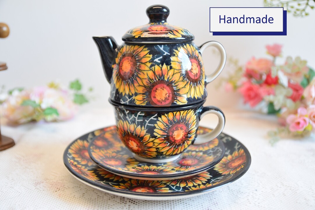 Sunflower Teapot and Tea Cup Set for One, Polish Pottery Teapot ...