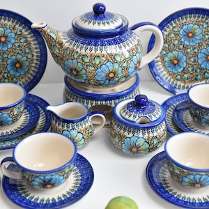 Handpainted Tea Set With Flowers, Stoneware Tea Set With Tea Pot ...