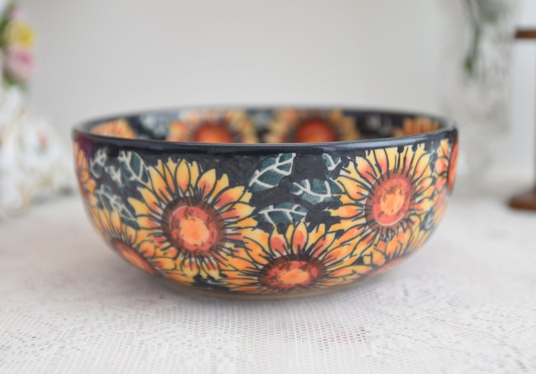 Sunflowers Salad Handmade Blue Bowl With Hand Painted Decoration ...