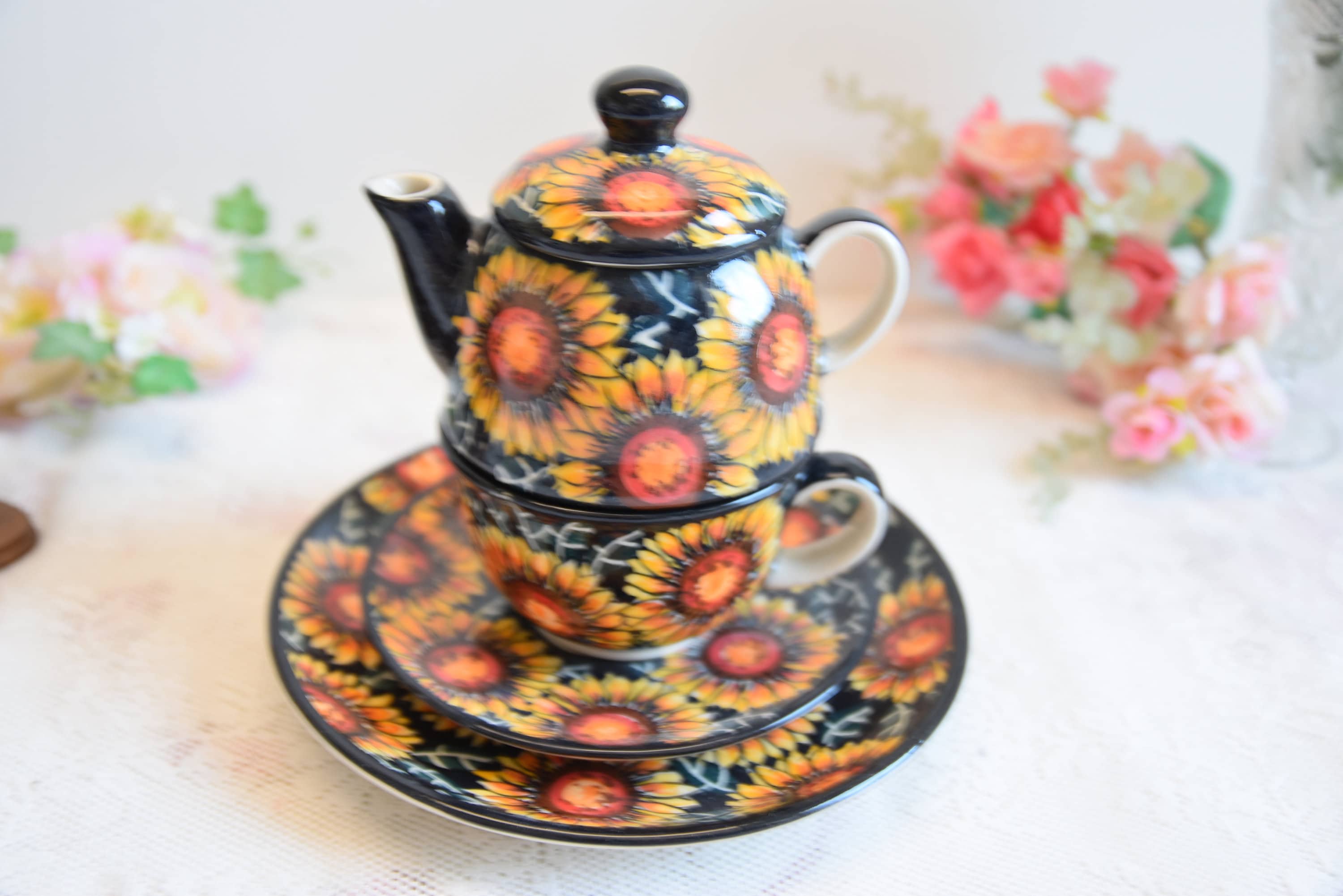 Sunflower Teapot and Tea Cup Set for One Polish Pottery - Etsy
