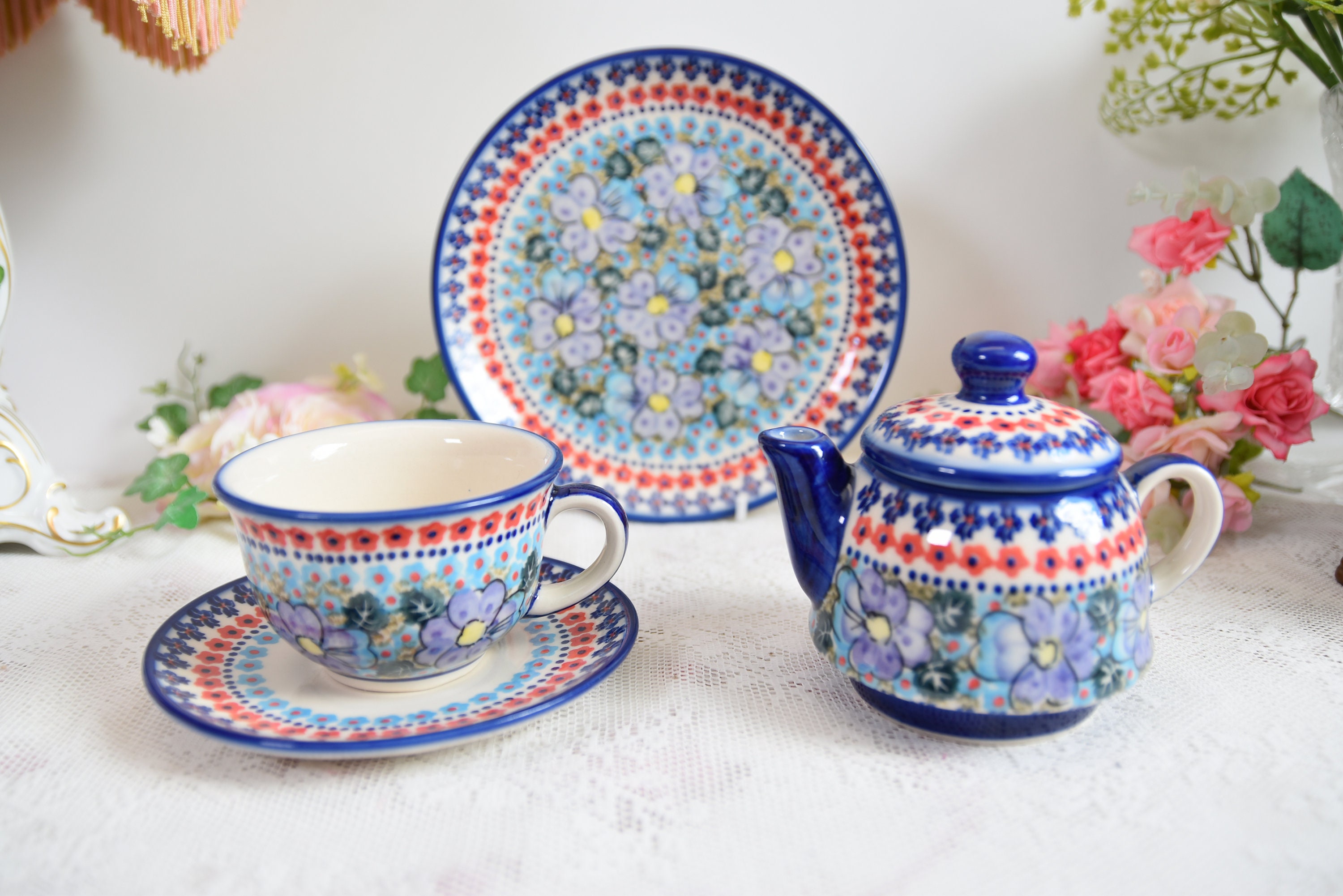 Polish Pottery Tea Set for One With Tea Cup and Saucer Polish Pottery ...