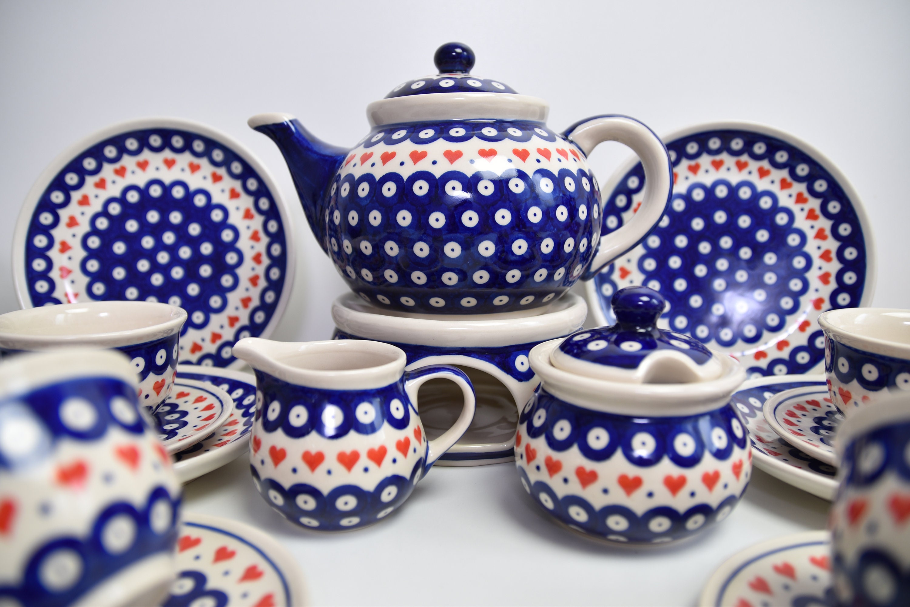 Handpainted Tea Set With Hearts Boleslawiec Polish Pottery, Stoneware ...