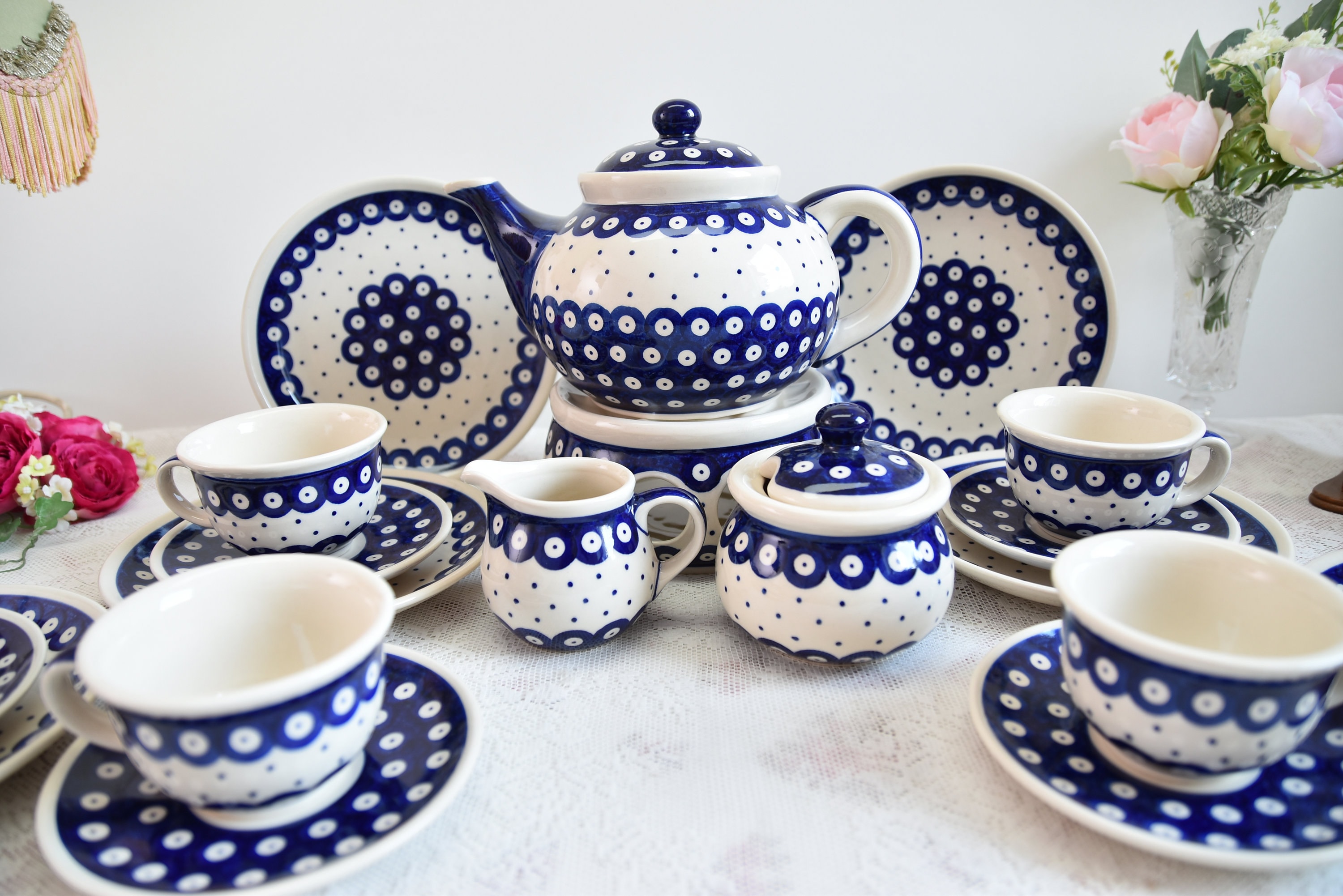 Hand Painted Boleslawiec Pottery Dots Pattern Dinner Set, Polish ...