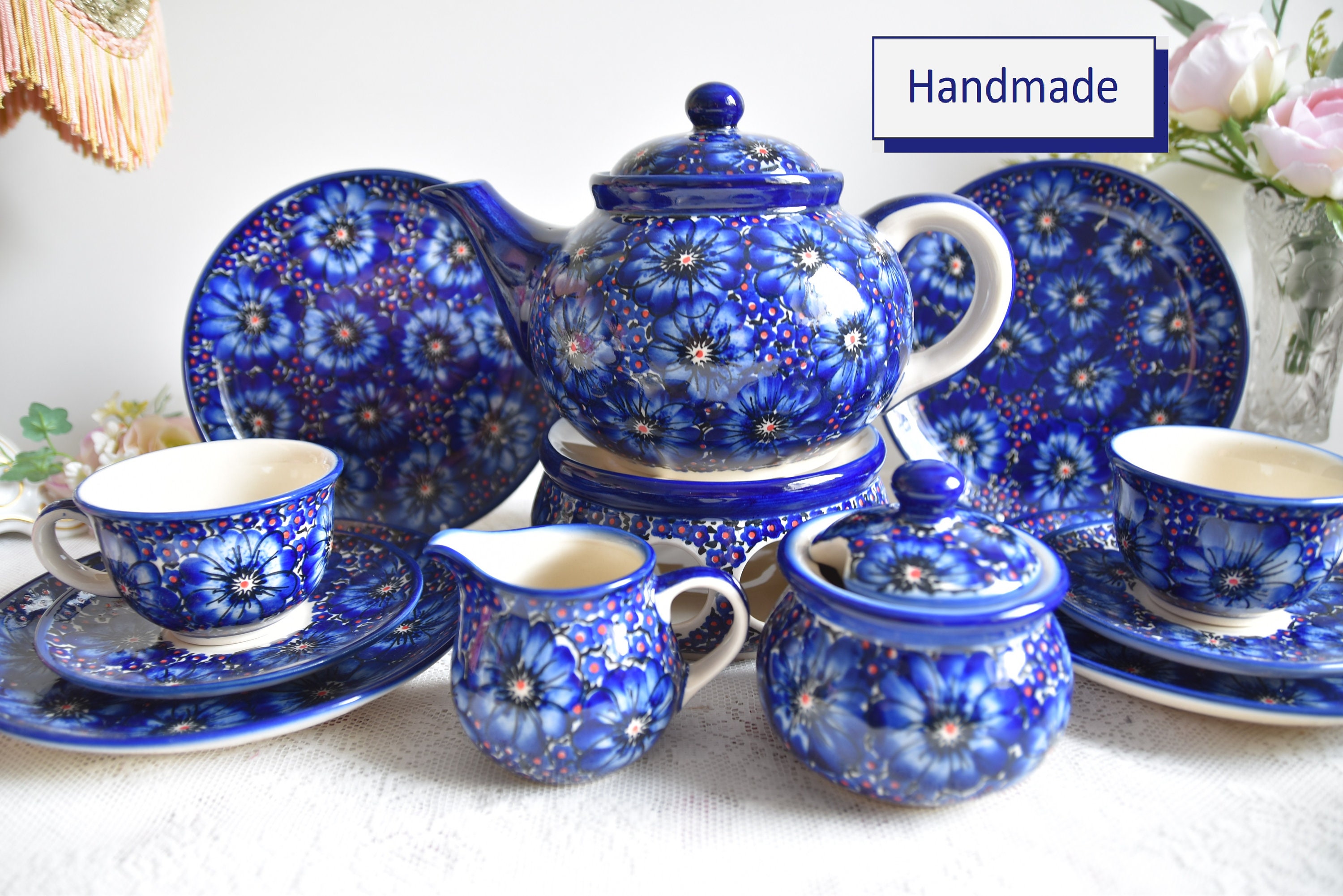 Handpainted Ceramic Tea Set With Floral Decoration, Polish Boleslawiec ...