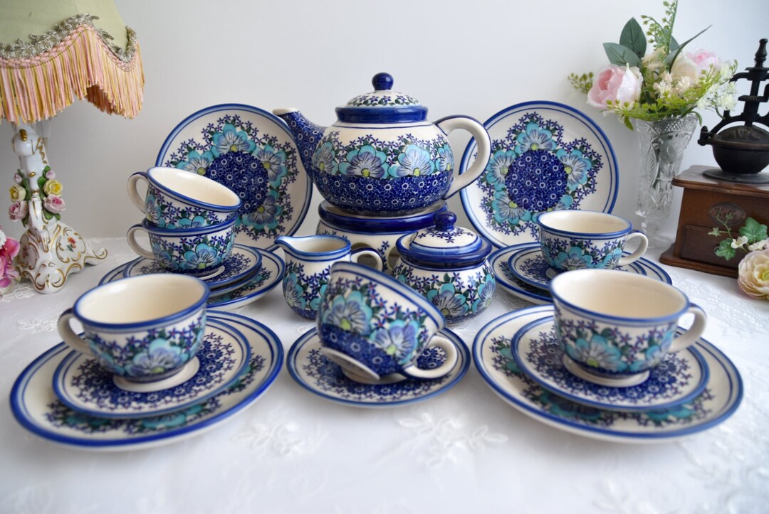 Polish Pottery Handpainted Tea Set With Flowers, Stoneware Tea Set With ...