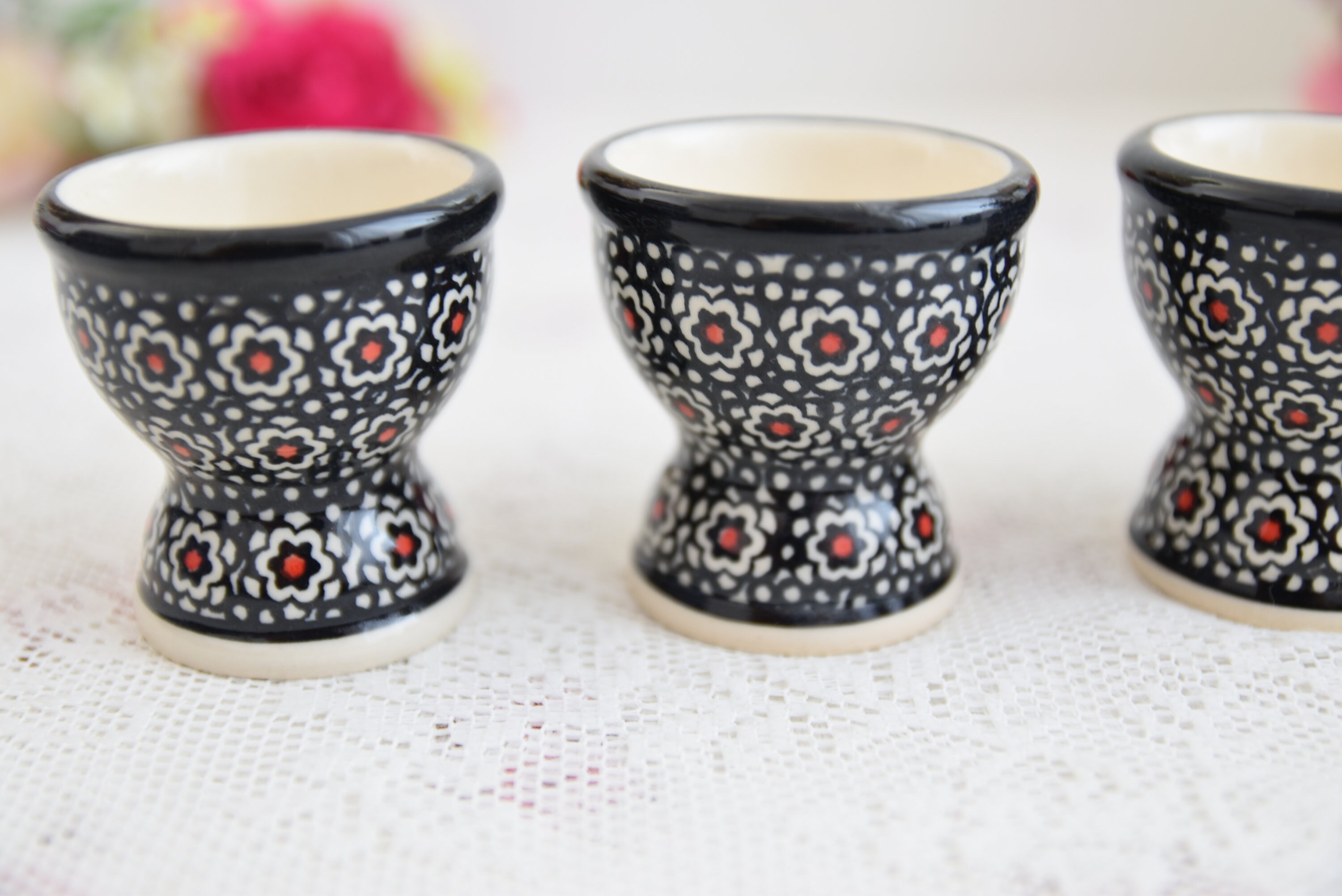 Unikat Polish Pottery Egg Cup Holder Set for Four With Hand Painted Flowers by Boleslawiec ...