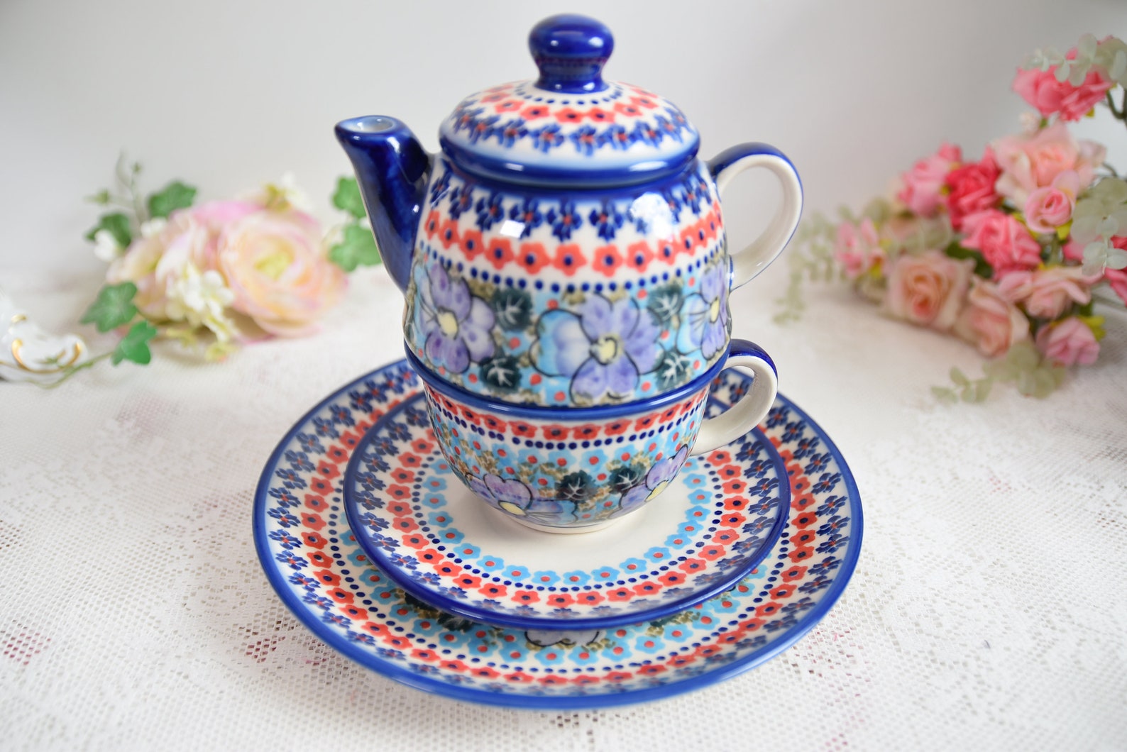 Polish Pottery Tea Set for One With Tea Cup and Saucer Polish Pottery ...
