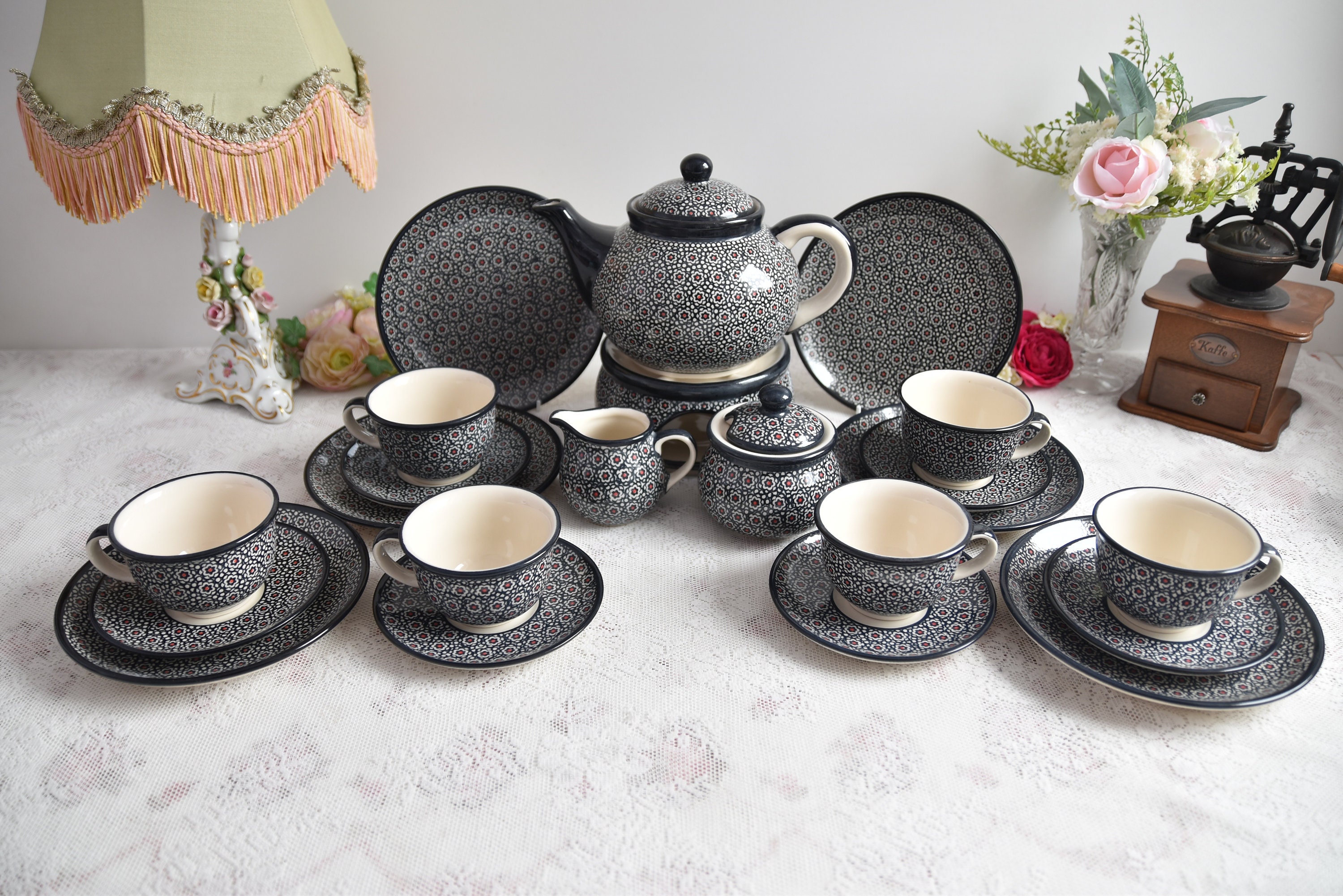 Made in Poland Stoneware Tea Set Boleslawiec, Handmade Stoneware Dinnerware Set Polish Pottery ...