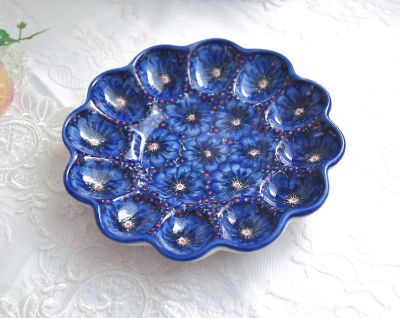Blue Polish Pottery Egg Plate Floral Handmade Ceramic Deviled Egg Tray ...