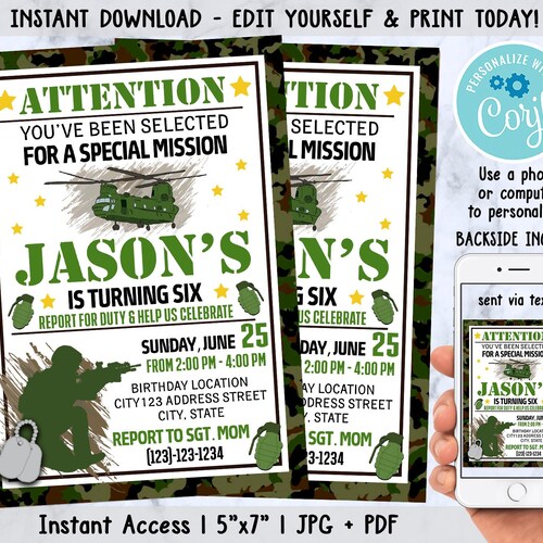 Editable Military Party Invitations. Army Birthday Invitation. - Etsy