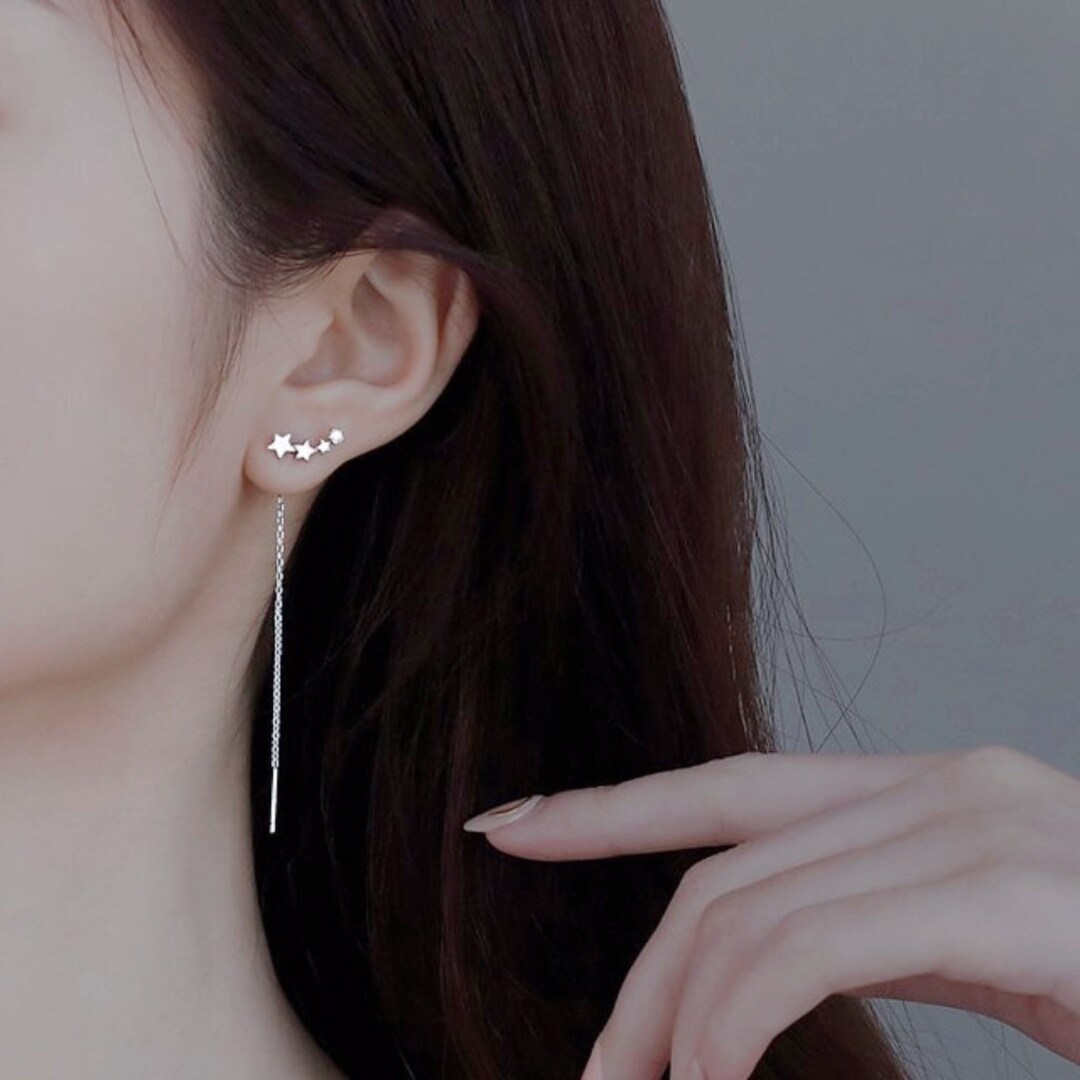 925 Sterling Silver Star Long Chain Threader Earrings Pull Through Earrings Minimalist Silver ...