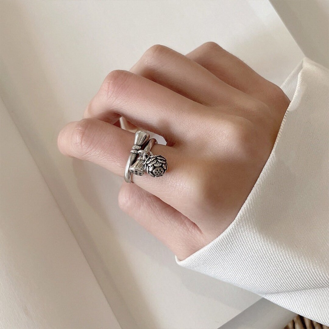 Sterling Silver Filled Pine Cone and Lotus Flower Dangle Ring Retro ...