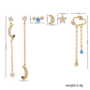 Colorful Sky Ear Stack Set 6 Pieces Minimalist Crescent Moon Star Cloud Stud Earrings Long Chain ...